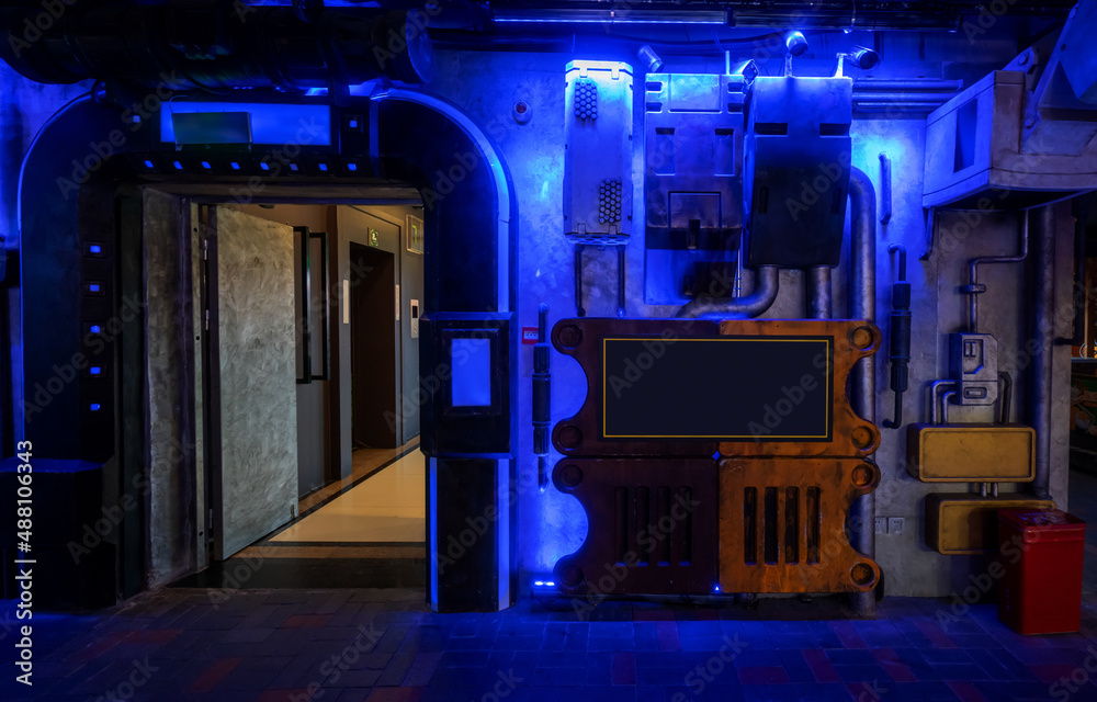 Cyberpunk style indoor industrial environment Stock Photo | Adobe Stock