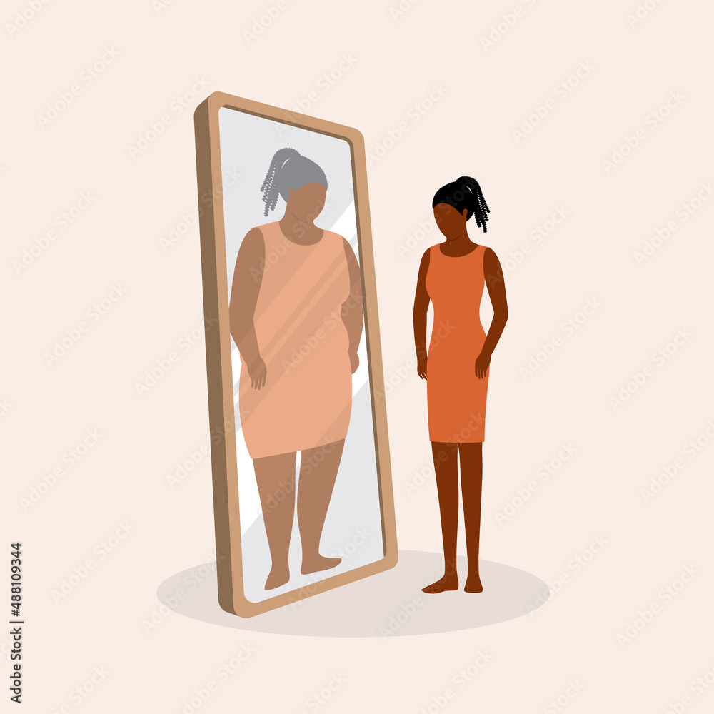 Vecteur Stock Young Skinny Black Woman Seeing Herself Overweight In