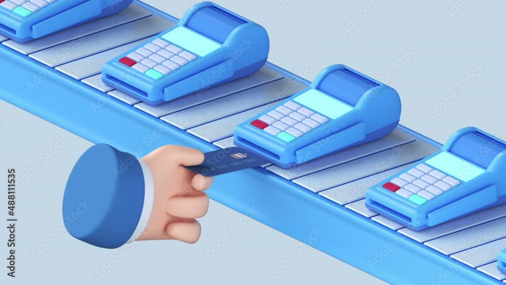 Looping animation of blue POS terminal for payment on conveyor belt ...