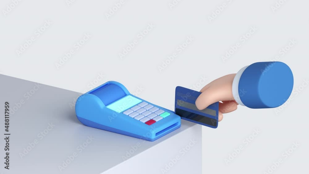 Cartoon character hand with white skin pays by credit card using ...