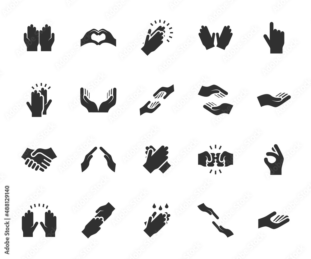 Vector set of hands flat icons. Contains icons applause, handshake ...