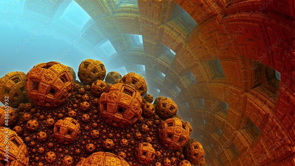 Background 3D with fantastic ancient civilization architecture, gold ...
