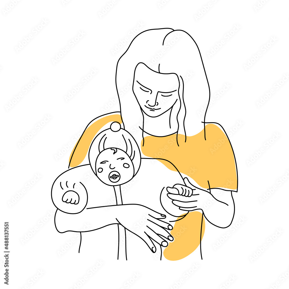 Abstract mother with a child in continuous one line drawing art style ...