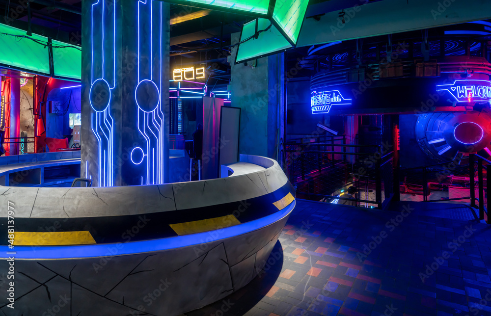 Cyberpunk style indoor industrial environment Stock Photo | Adobe Stock