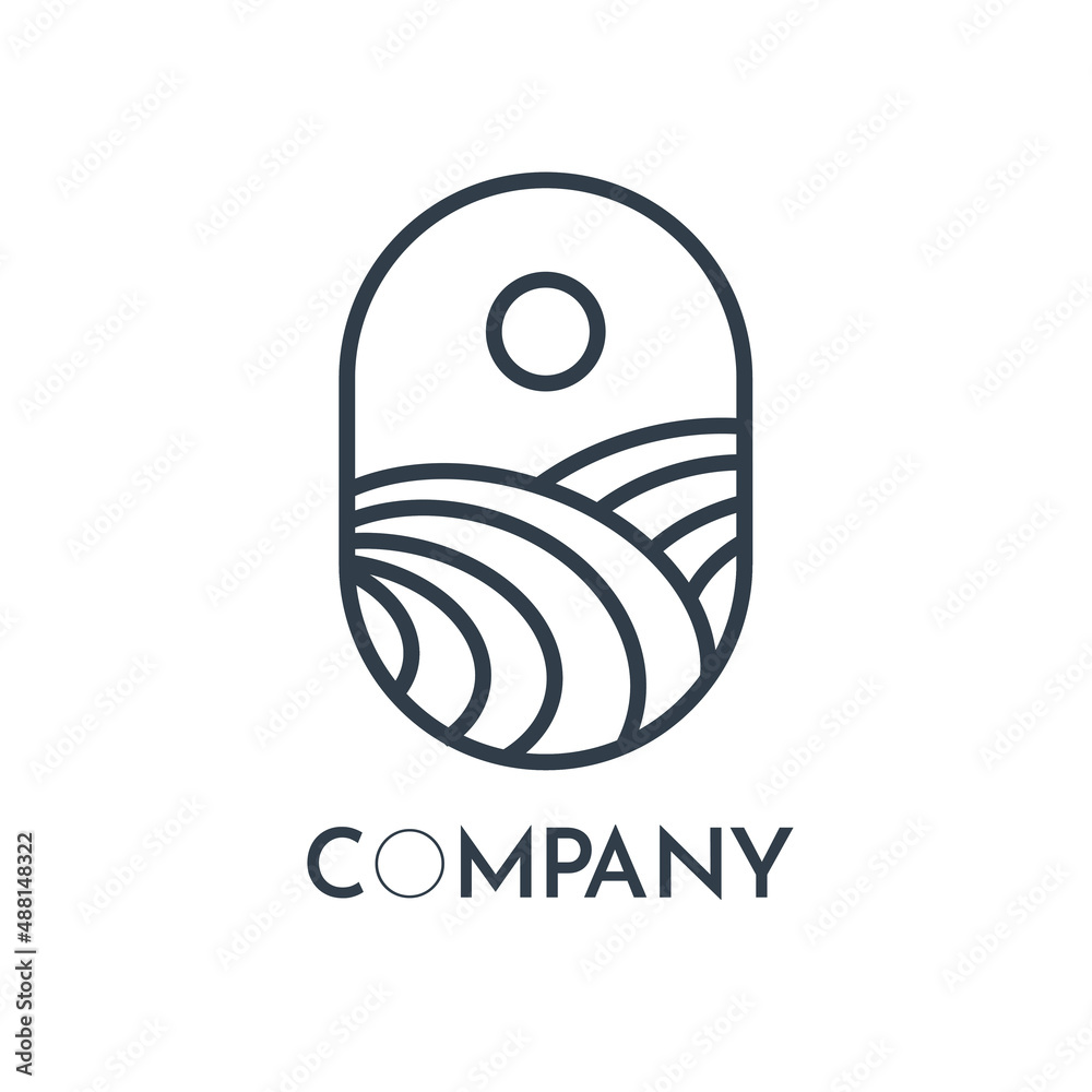 Modern rural landscape logo with hilly rice fields and sunset. line ...