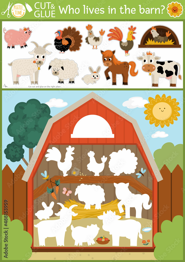 Vector on the farm cut and glue activity. Crafting game with cute farm ...