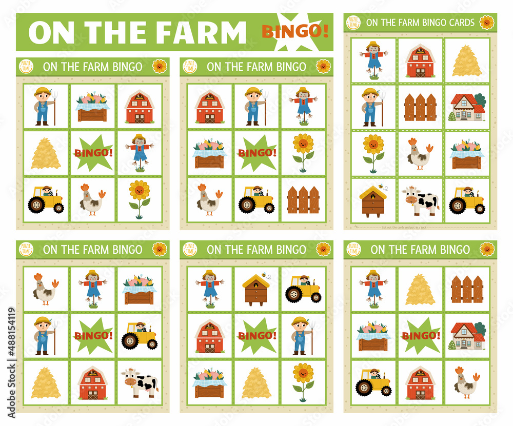 Vector on the farm bingo cards set. Fun family lotto board game with ...