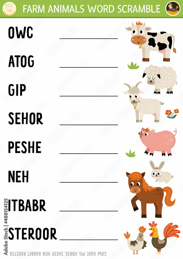 Vector farm animals word scramble activity page. English language game ...