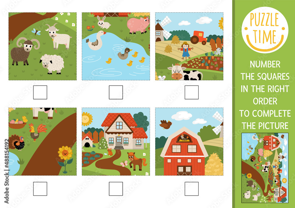 Vector on the farm activity. Garden complete the picture logic game ...