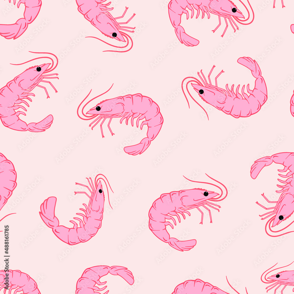 Pink Prawn pattern. Seamless hand drawn vector pattern . Seafood ...