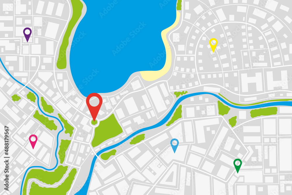 Navigation concept with pin point on map of city Stock Illustration ...