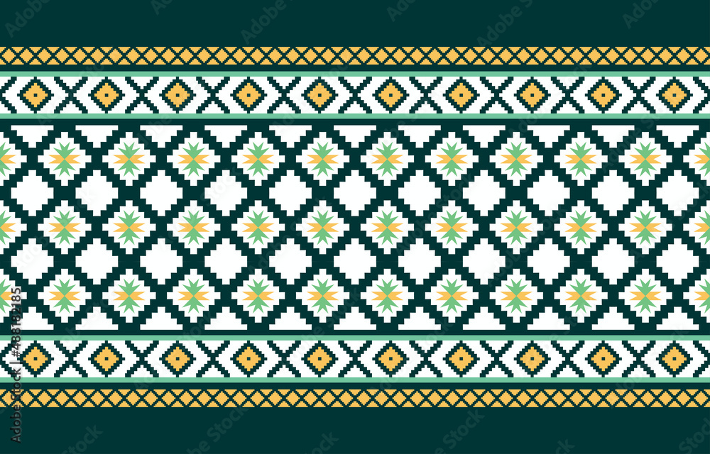Geometric ethnic pattern. Green, yellow motifs on a green background ...