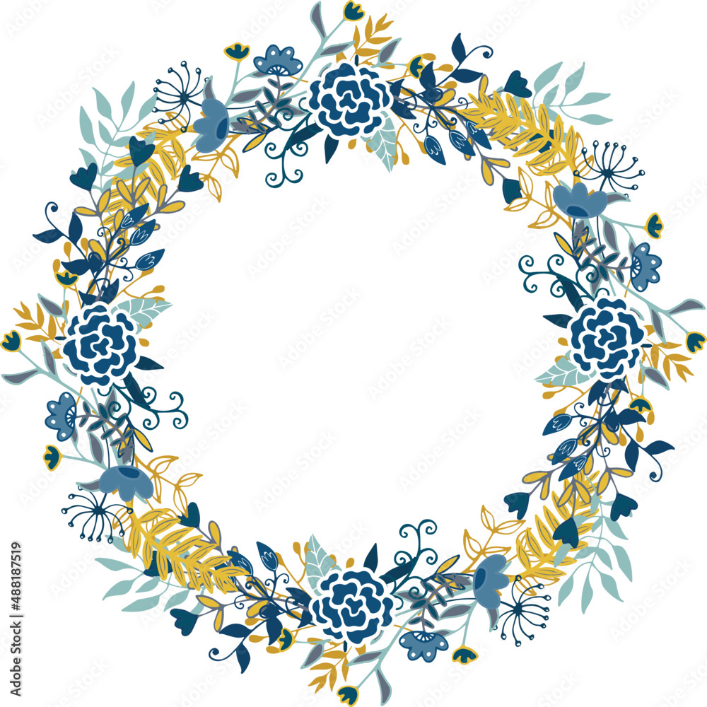 Round nature frame with blue and yellow flowers and leaves Stock Vector ...