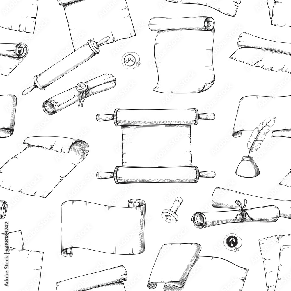Scroll sketch pattern. Seamless print with hand drawn vintage medieval ...