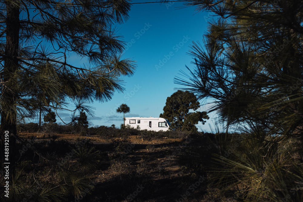 Modern camper van motorhome parked in the nature with sky view. Concept ...