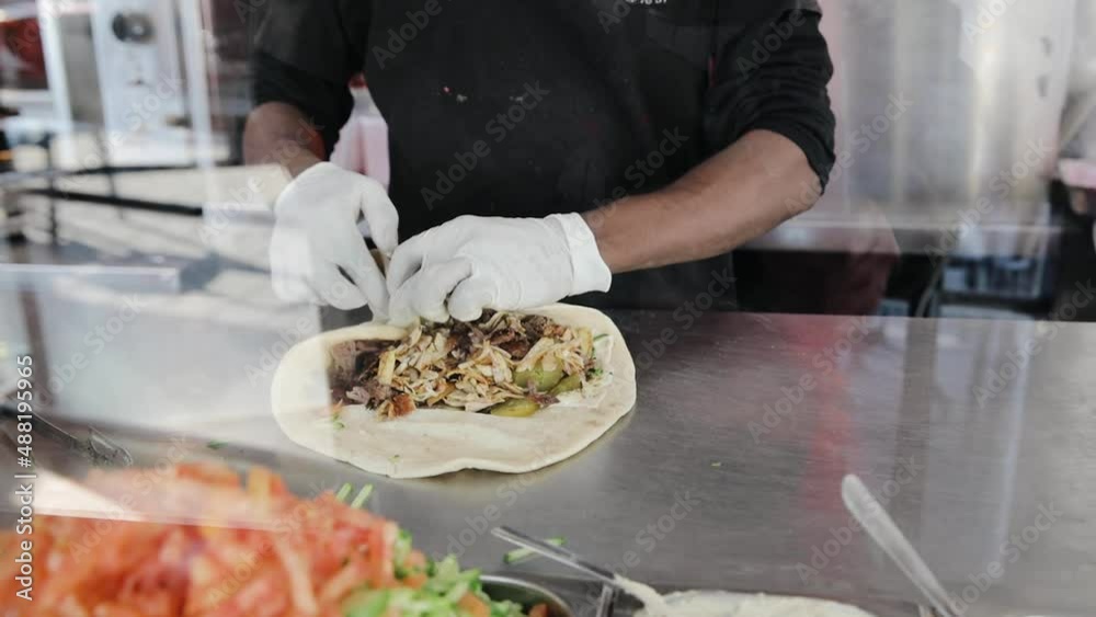 Preparation of shawarma in some street food restaurant in Tel Aviv ...
