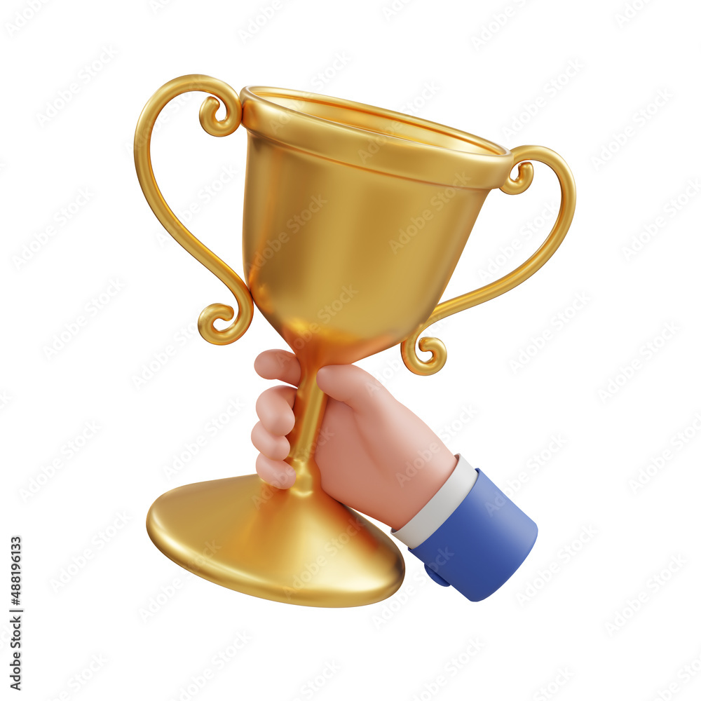 3D illustration. Hand holding gold trophy cup on white background Stock ...