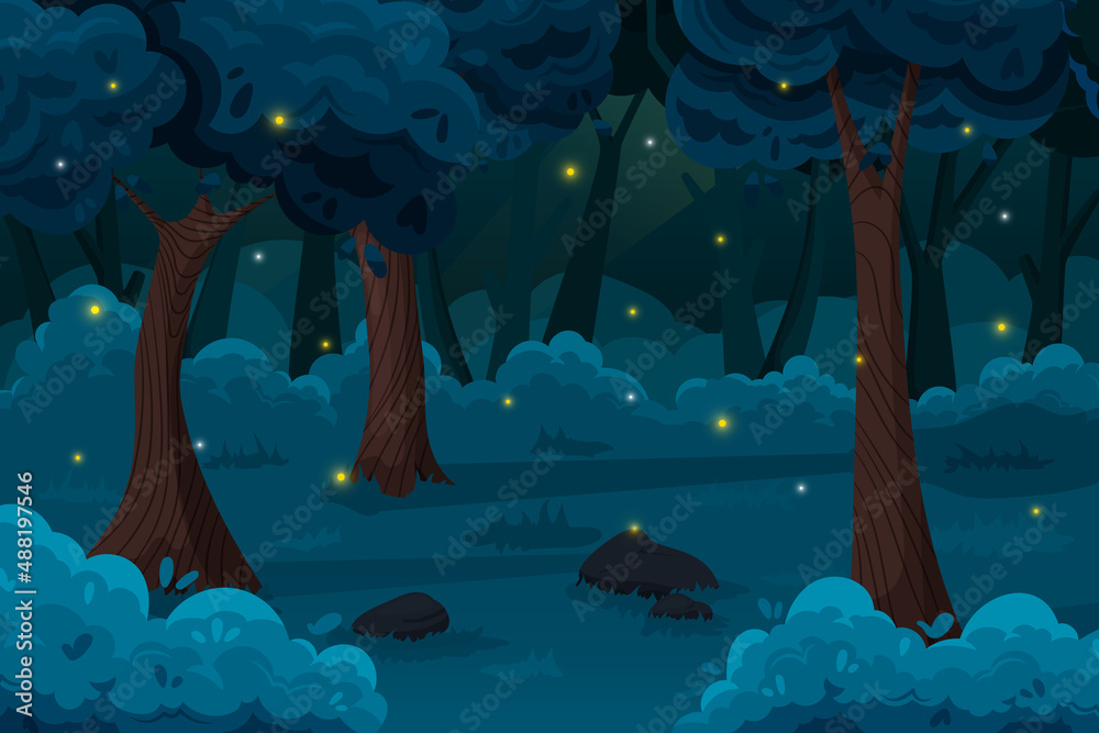 Cartoon night forest. Nature background of magical wood with old trees ...