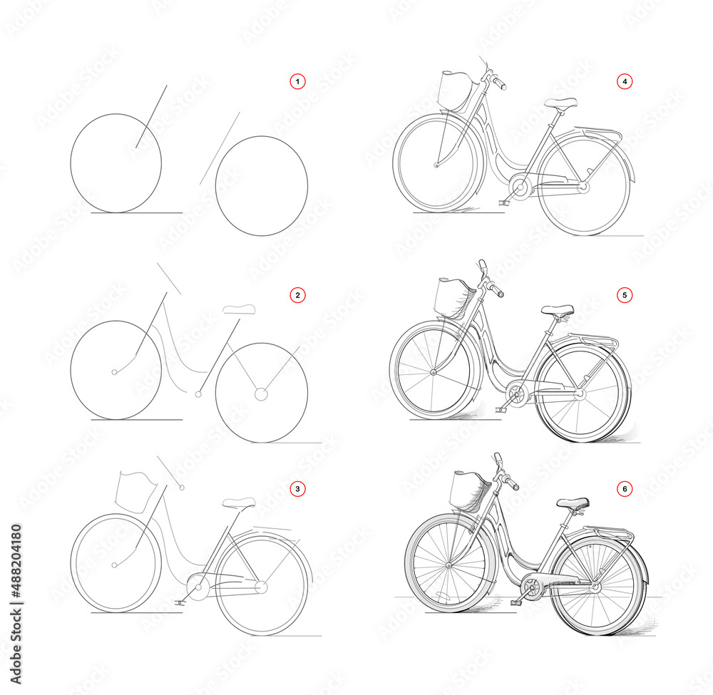 Page shows how to learn to draw sketch of woman bike. Creation step by ...