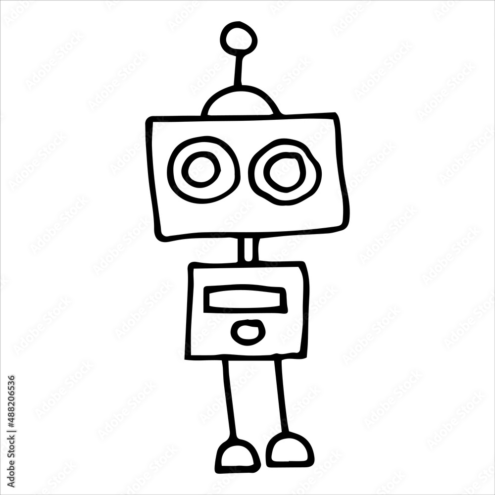 simple drawing in doodle style. robot. cute robot hand drawn with lines. funny illustration for ...