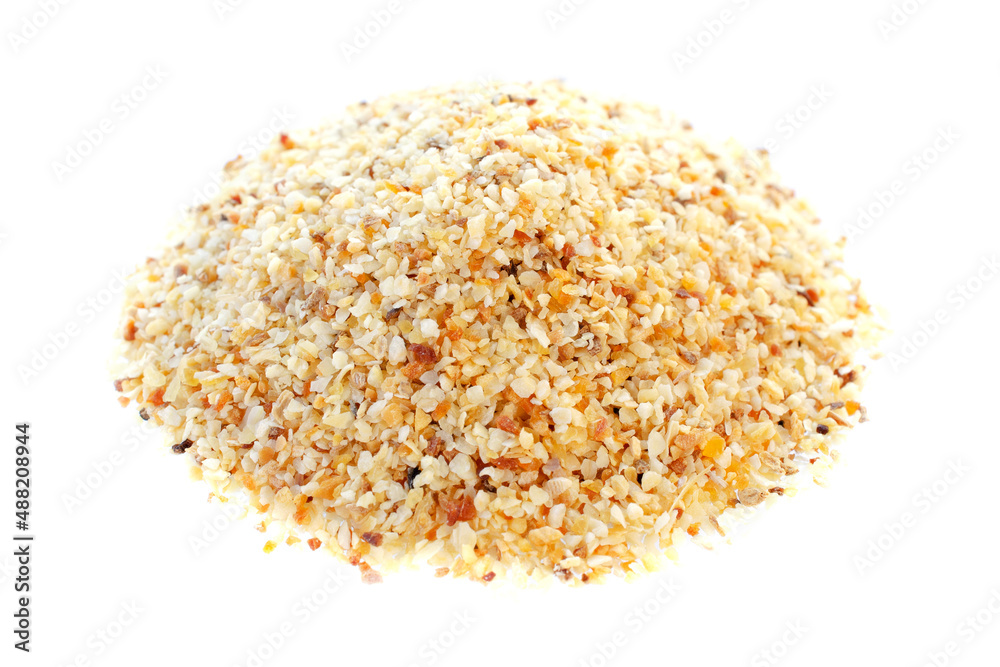 Garlic powder, isolated on white background, top view. Dried granulated ...