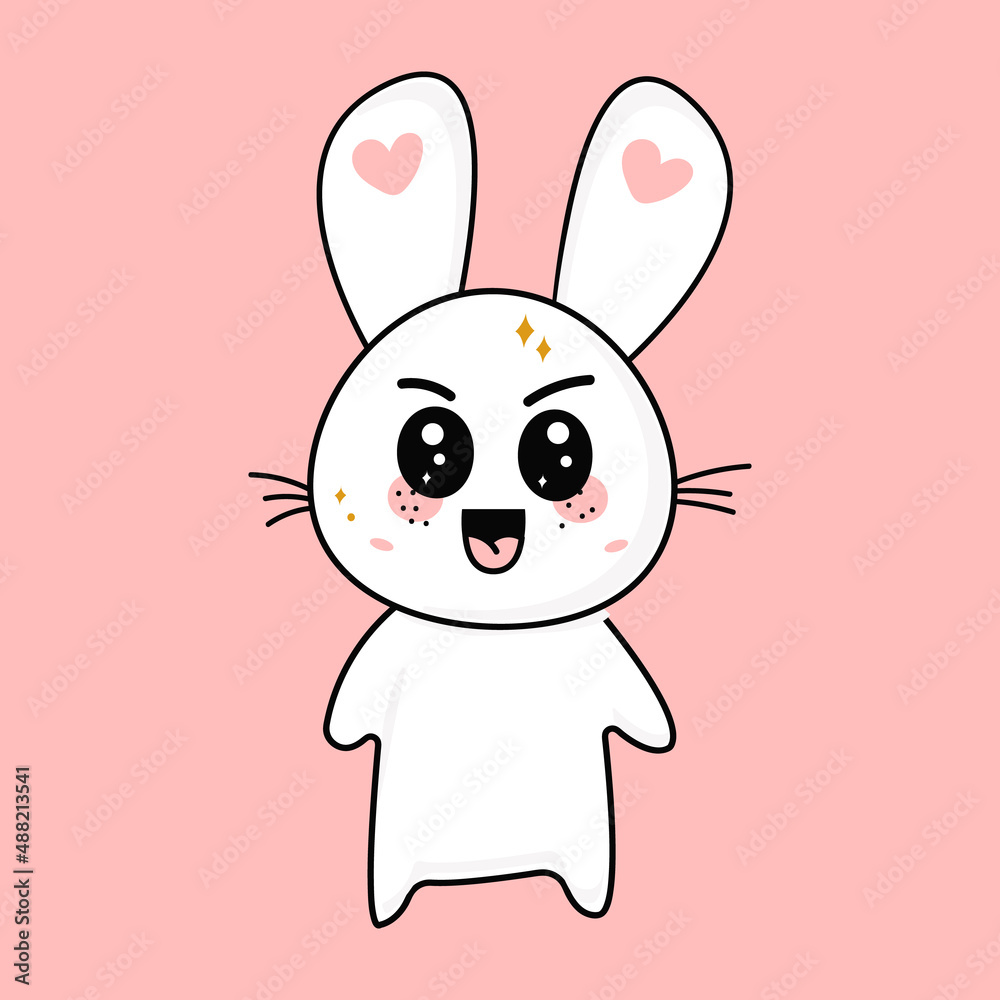 Cute funny kawaii emotional little bunny. Vector flat illustration of a ...