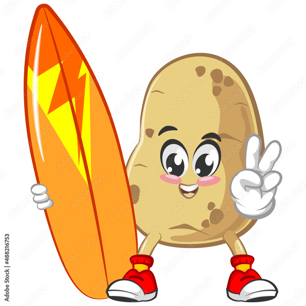 vector illustration of cute potato mascot carrying a surfboard with two ...