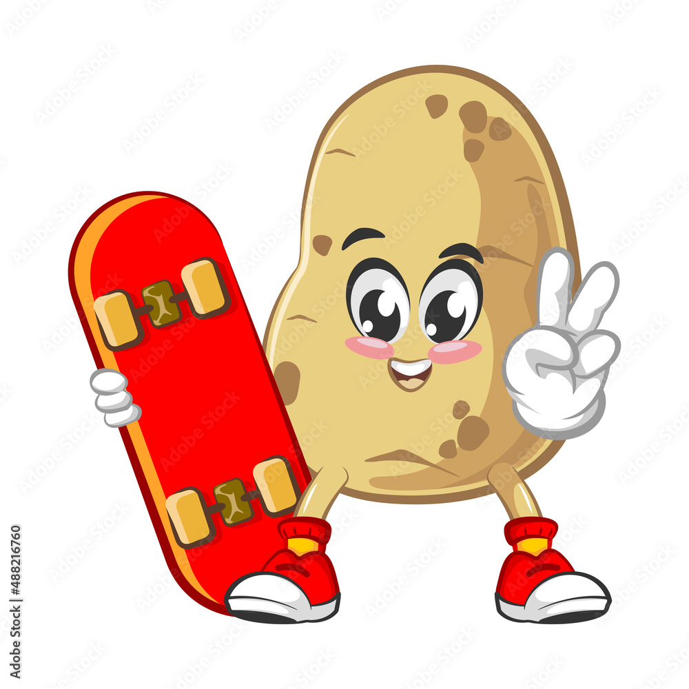 vector illustration of cute potato mascot carrying a skateboard with two fingers raised a peace ...