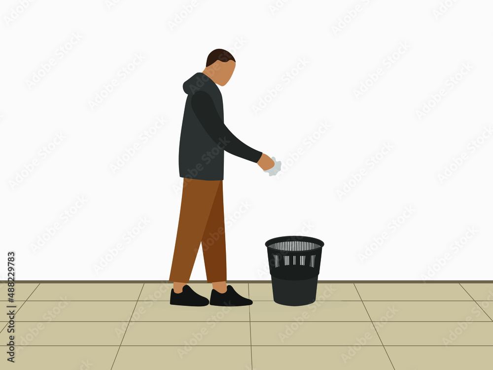 Male character throwing garbage into wastebasket standing on the floor ...