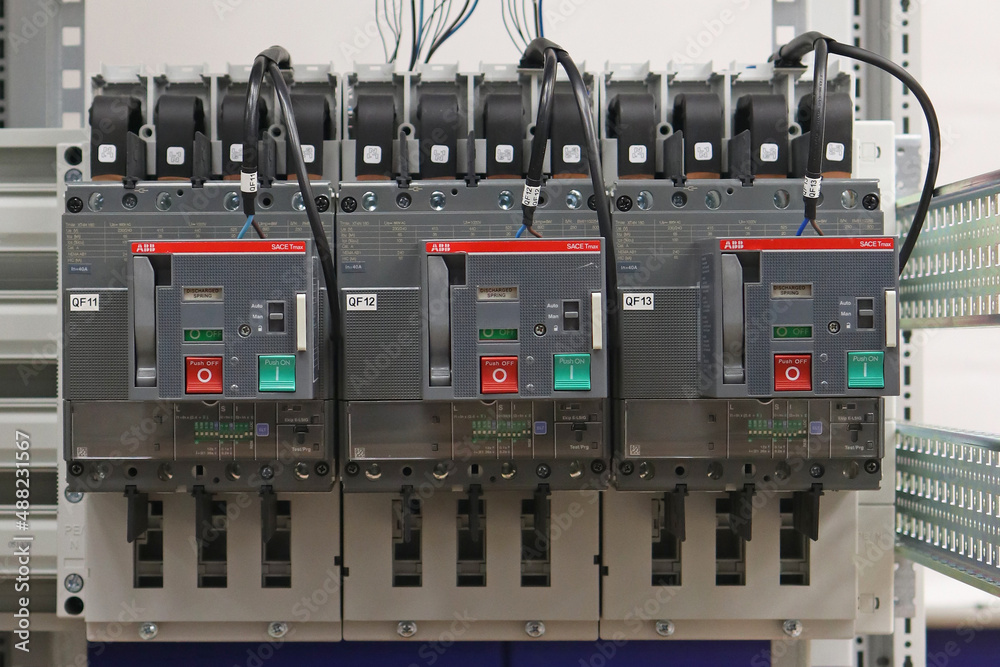 ABB Tmax circuit breakers in an electrical cabinet close-up. Stock ...