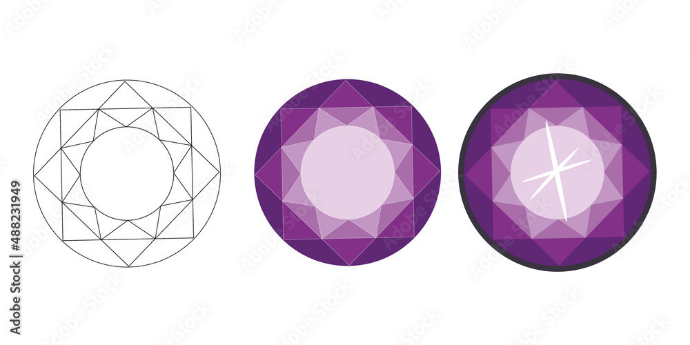 Drawing in purple round gemstone vector in Three stages of drawing in ...