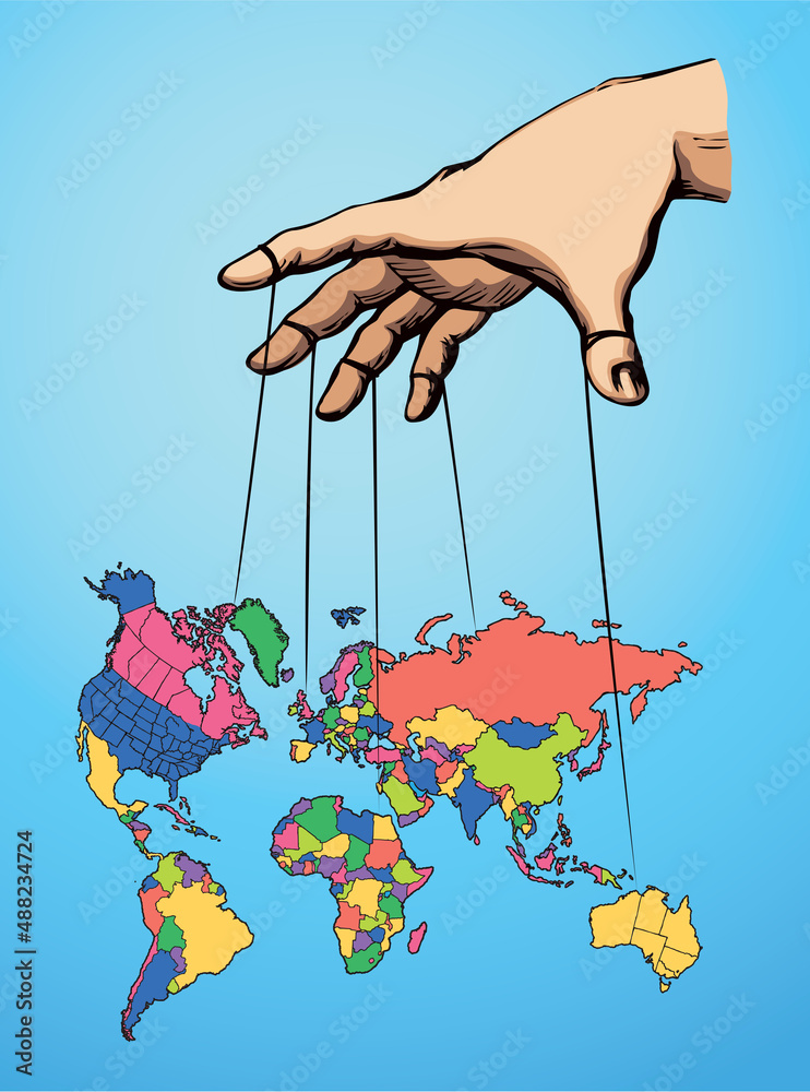Man hand with a World map. Continents with contours of countries ...