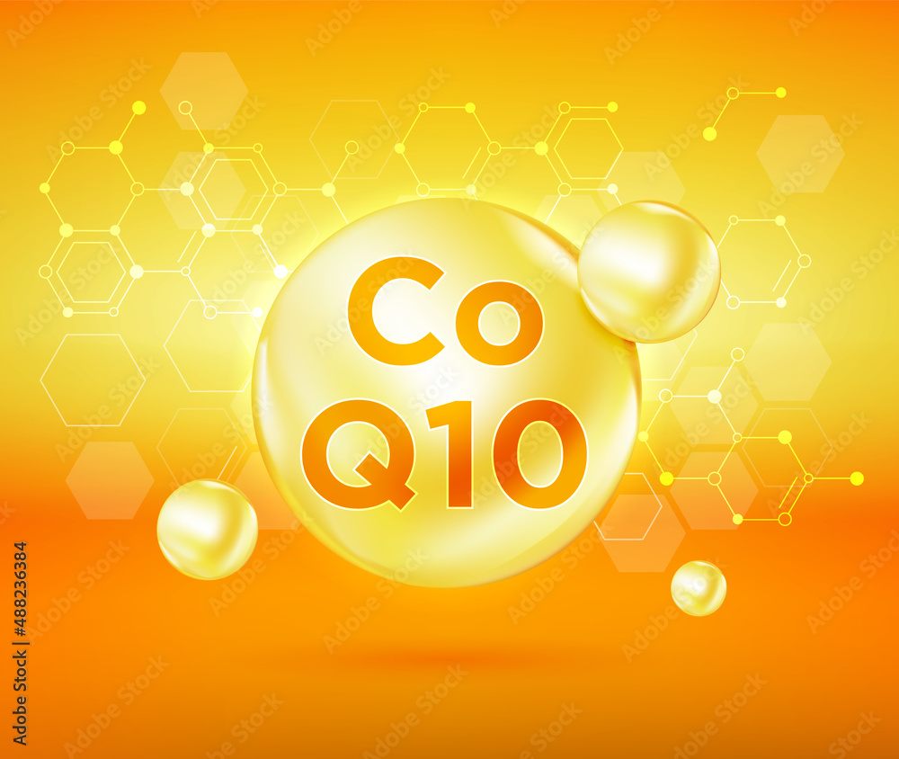 Coenzyme Q10 vitamin on yellow background - vector illustration Stock ...