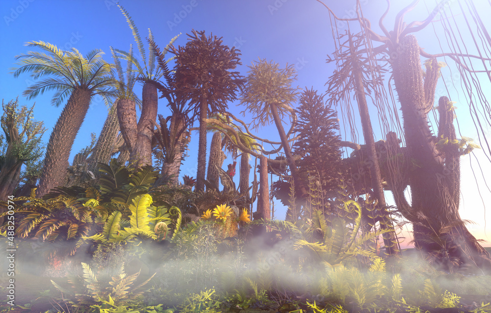 prehistoric forest Mesozoic era background render 3d Stock Illustration ...