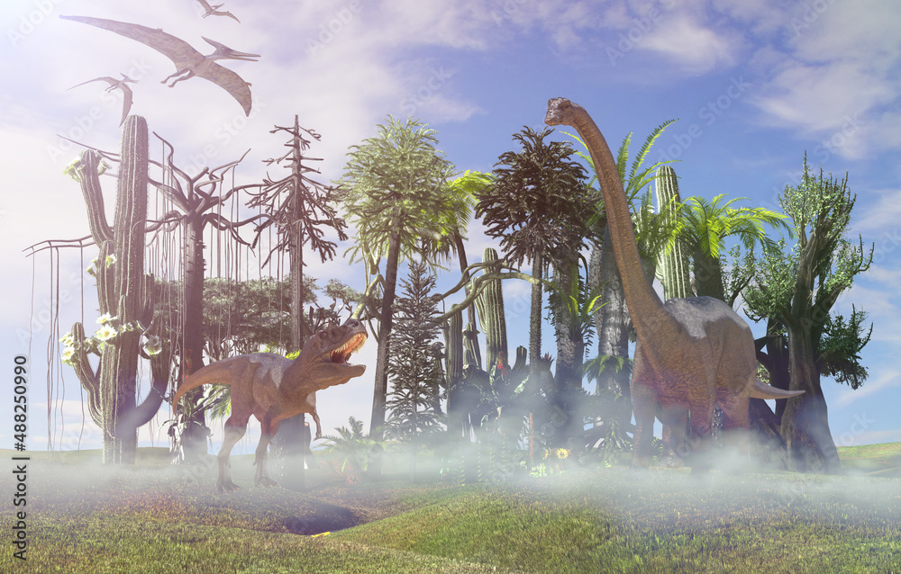 prehistoric forest Mesozoic era background render 3d Stock Illustration ...