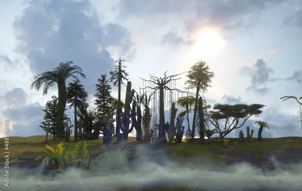 prehistoric forest Mesozoic era background render 3d Stock Illustration ...
