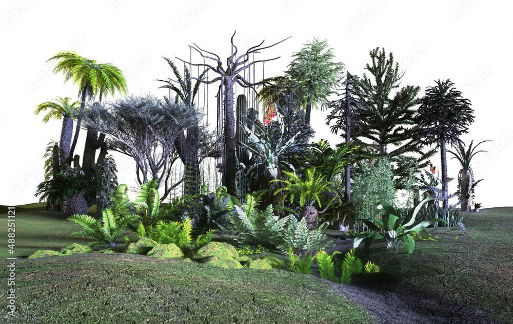 prehistoric forest Mesozoic era background render 3d on a white ...