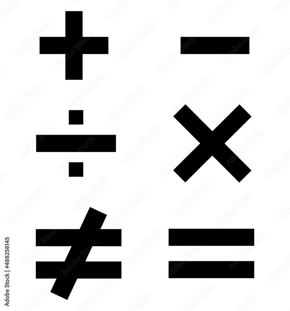 Mathematical operations or plus, minus, divide, multiply, not equal ...