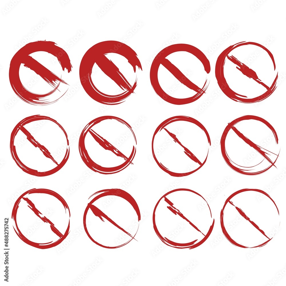 Set of vector prohibition icons, collection of brush drawing red ...