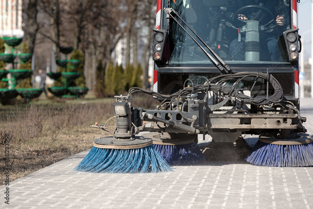 Mechanical Street Sweeping. Road Sweeper Machine Cleaning City Paving ...