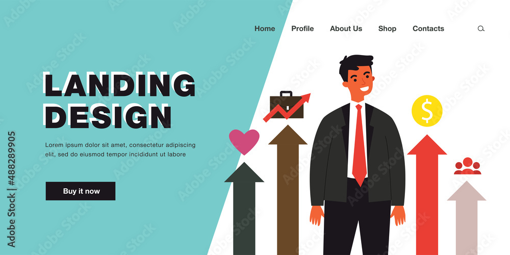 Young businessman succeeding in all areas of his life. Flat vector ...
