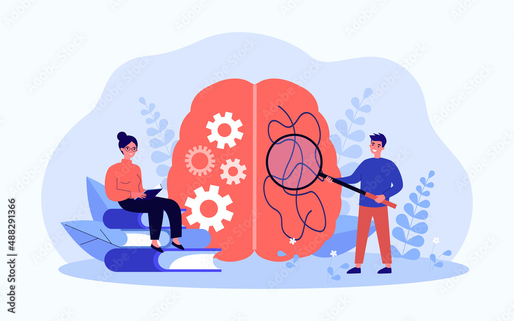 Tiny characters with logical and creative halves of brain. Organized ...