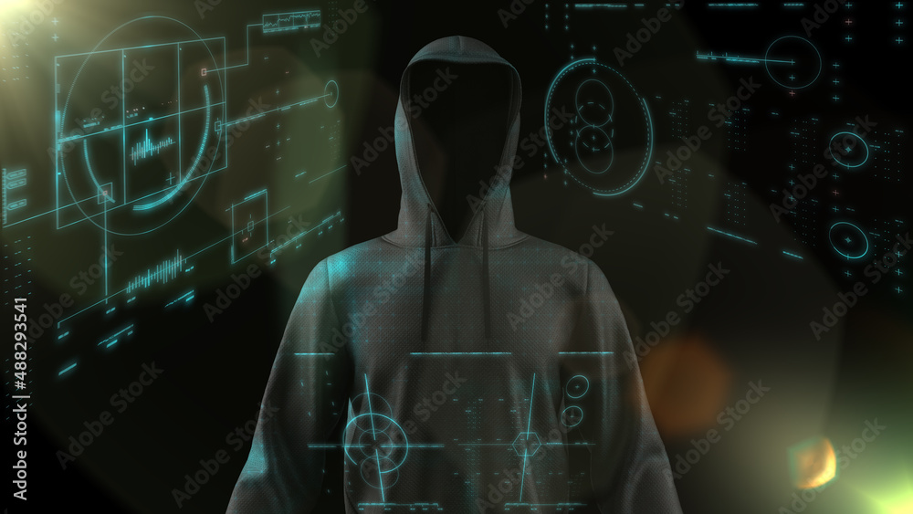 Anonymous hacker with black color hoodie in shadow under technology HUD ...