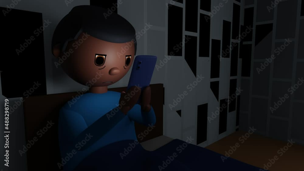 3D animation of a cartoon black man doom scrolling in bed at night ...