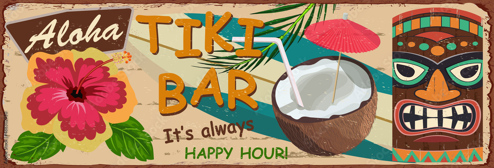 Vintage Tiki Bar metal sign.Retro poster 1950s style. Stock Vector ...