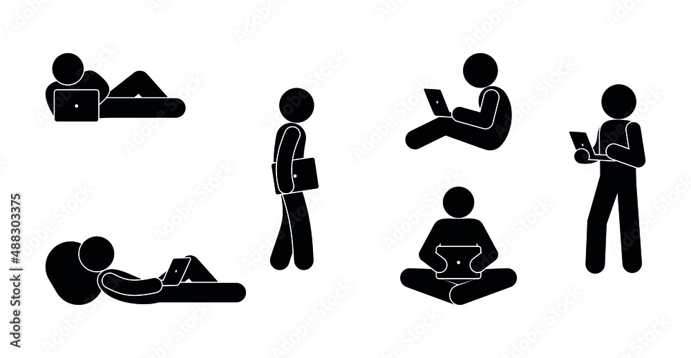 people with laptop, man and personal computer, stick figure human ...