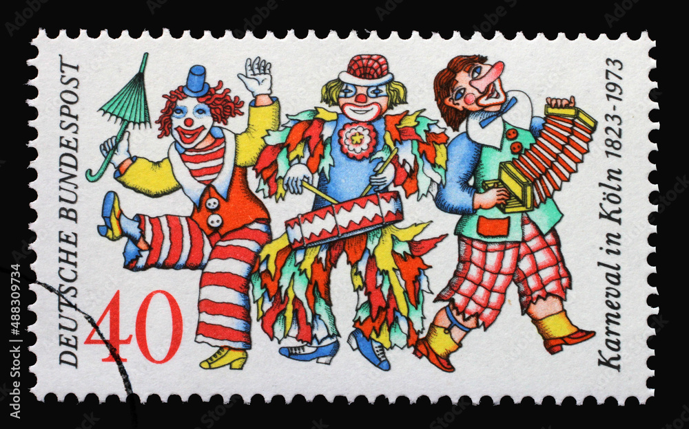 A stamp printed in Germany issued for the 150th anniversary of Cologne ...