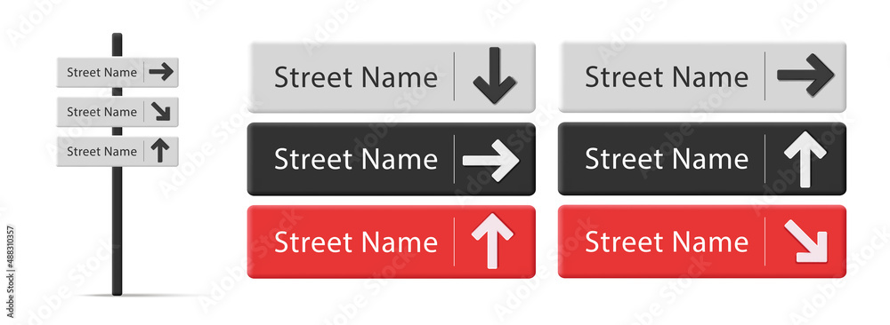 City navigation road signposts set with street name and directions ...
