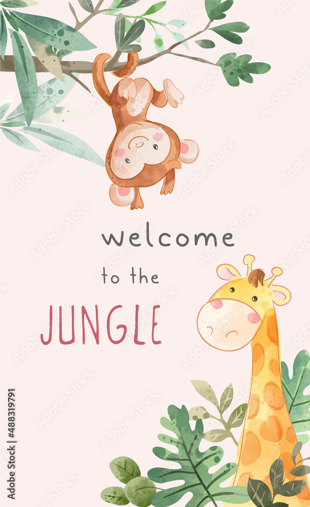 Jungle slogan with monkey hanging on tree branch and giraffe in bush ...