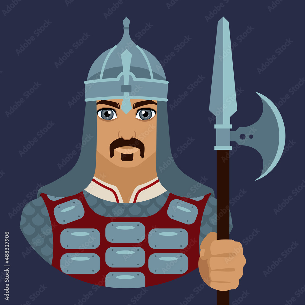 Bogatyr. The avatar of a man in an ancient helmet and chain mail holds ...